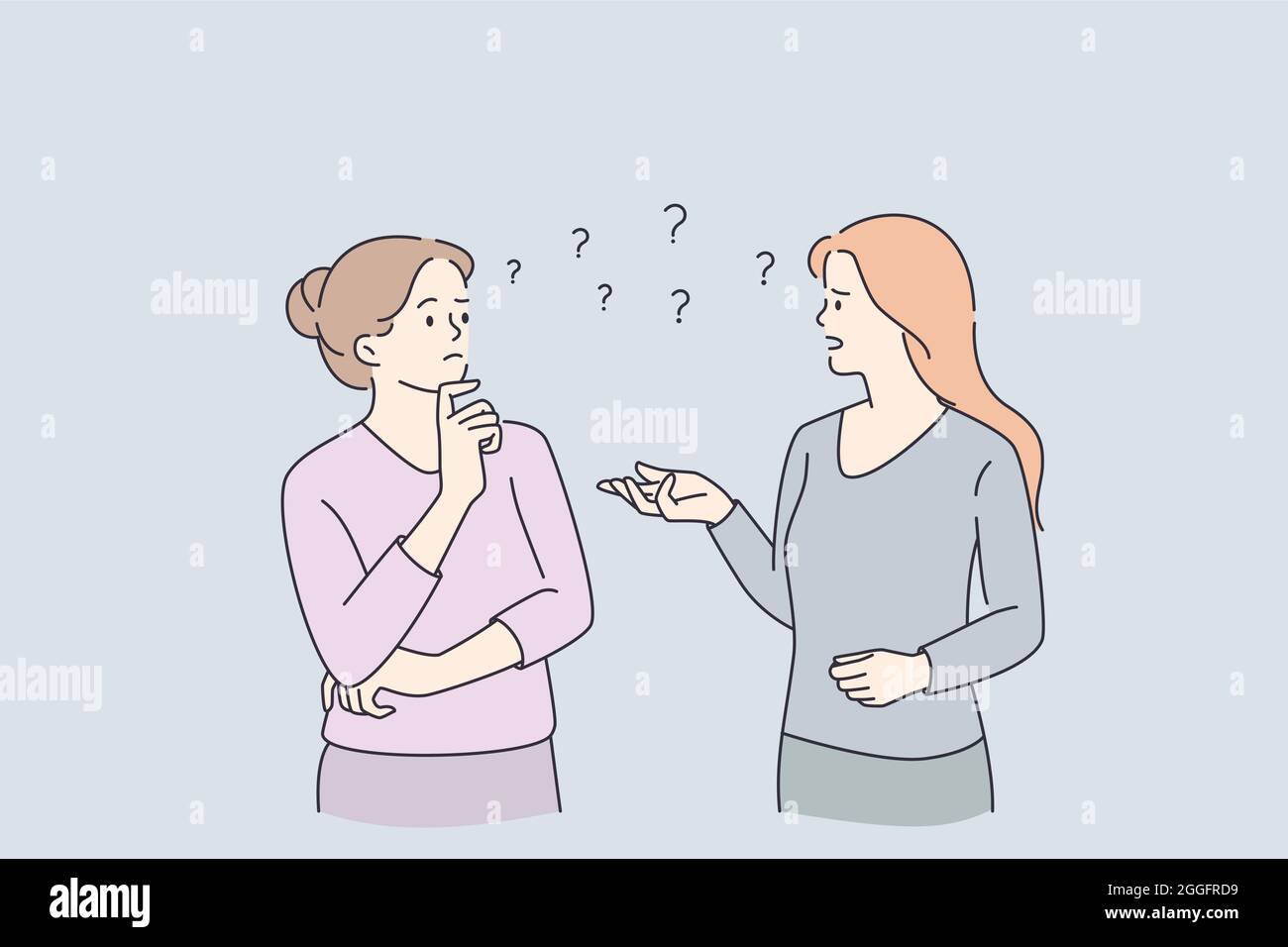 Communication, feeling doubt and uncertain. Two young women standing ...