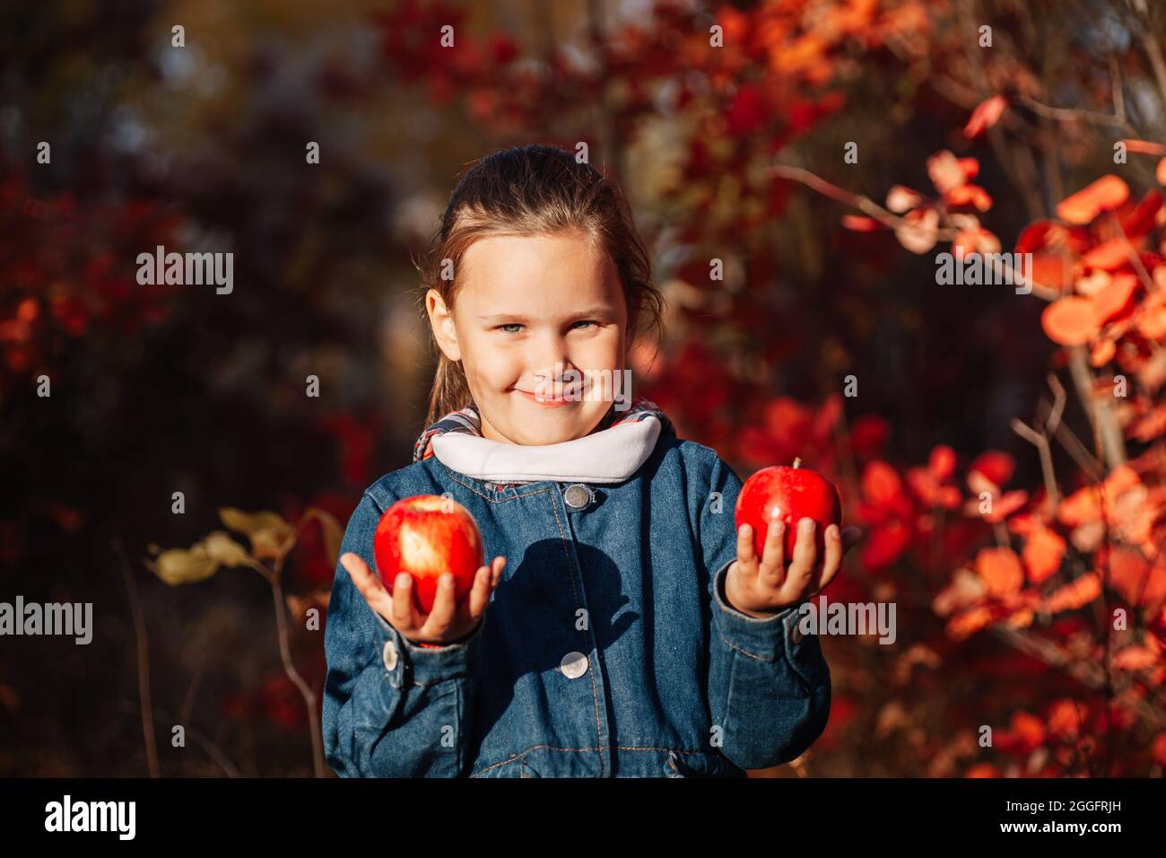 Autumn forest concept. Cute happy girl in jeans coat hold big red apple ...