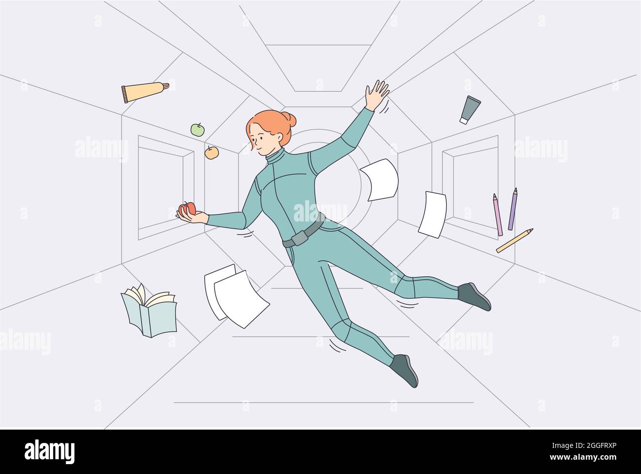 Levitation and flying in space concept. Young woman spaceman cosmonaut ...