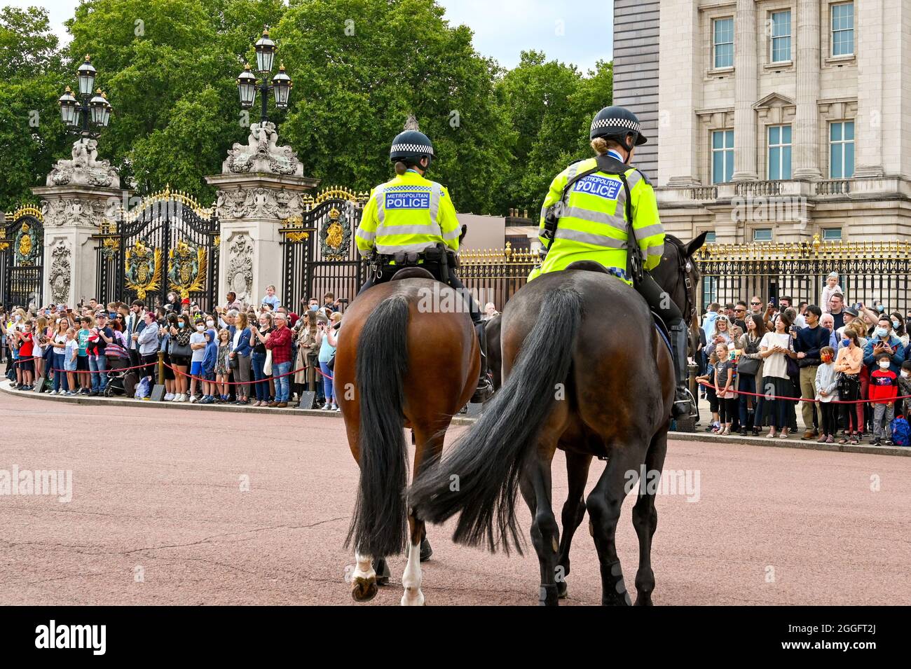 London, England - August 2021: Two police officers on horses outside ...