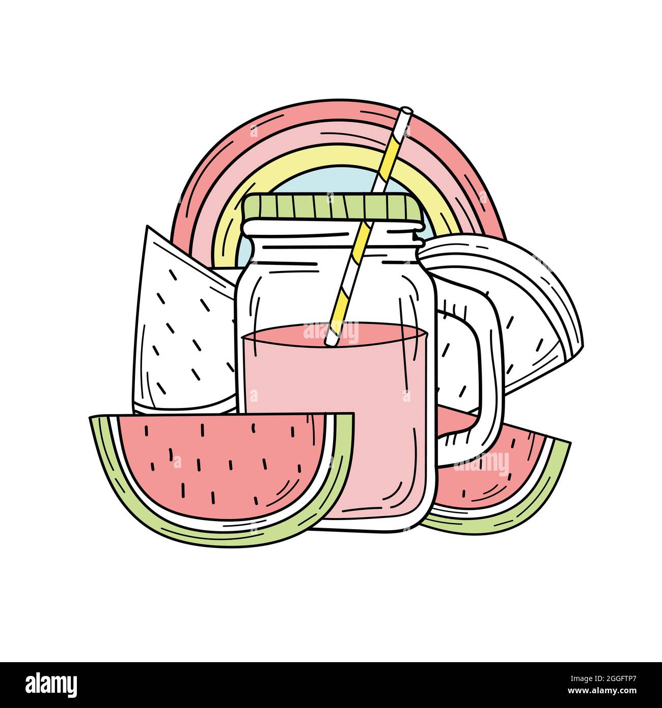 Hand drawn watermelon lemonade in a glass jar. Vector on white ...