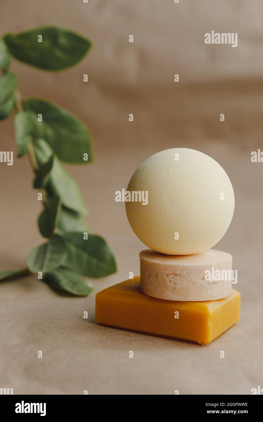 natural spa soap treatment set, flat lay, top view on craft paper Stock ...