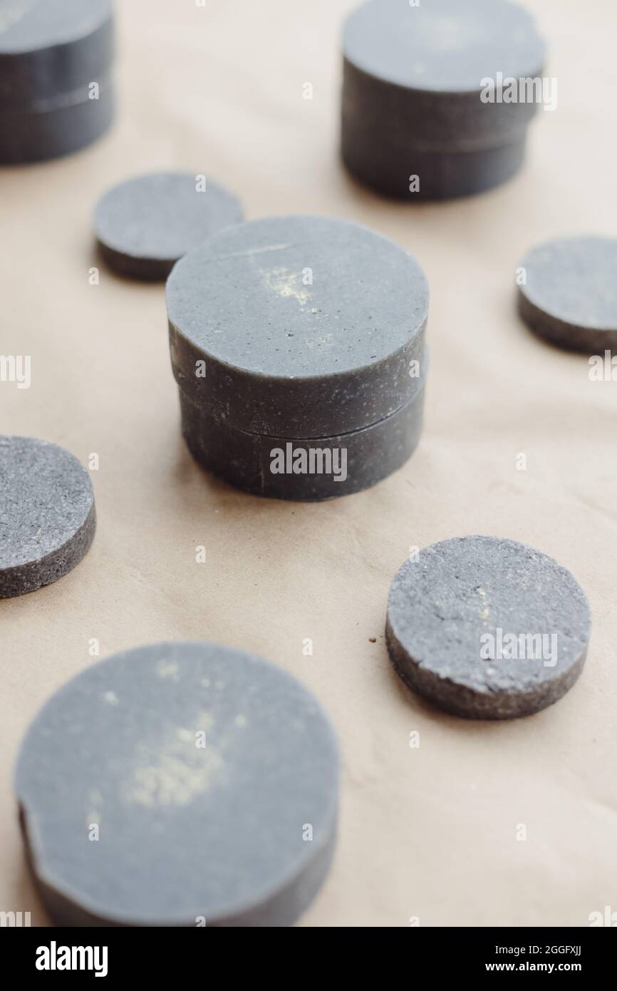 Eco friendly natural solid shampoo and hair conditioner on paper ...