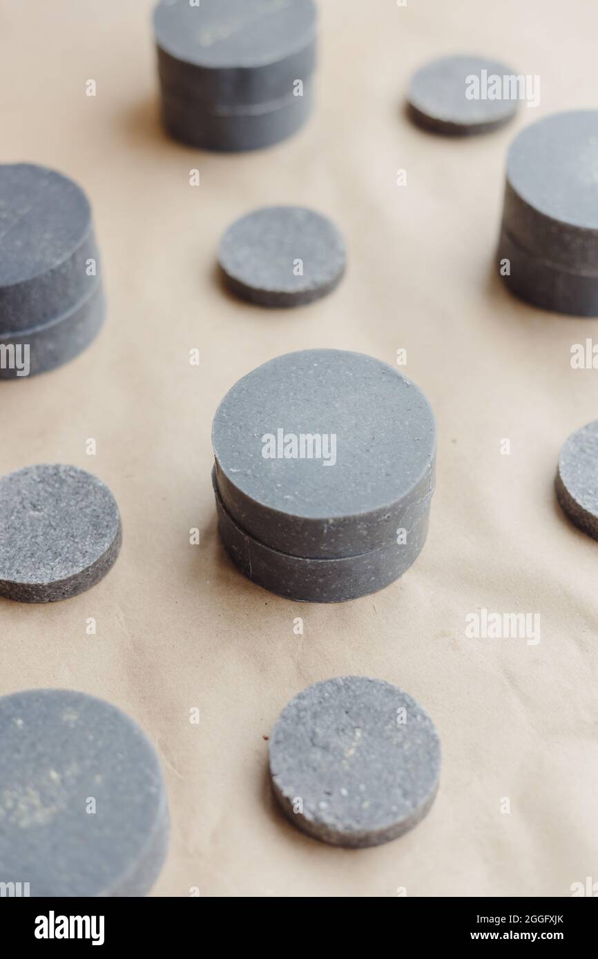 Eco friendly natural solid shampoo and hair conditioner on paper ...