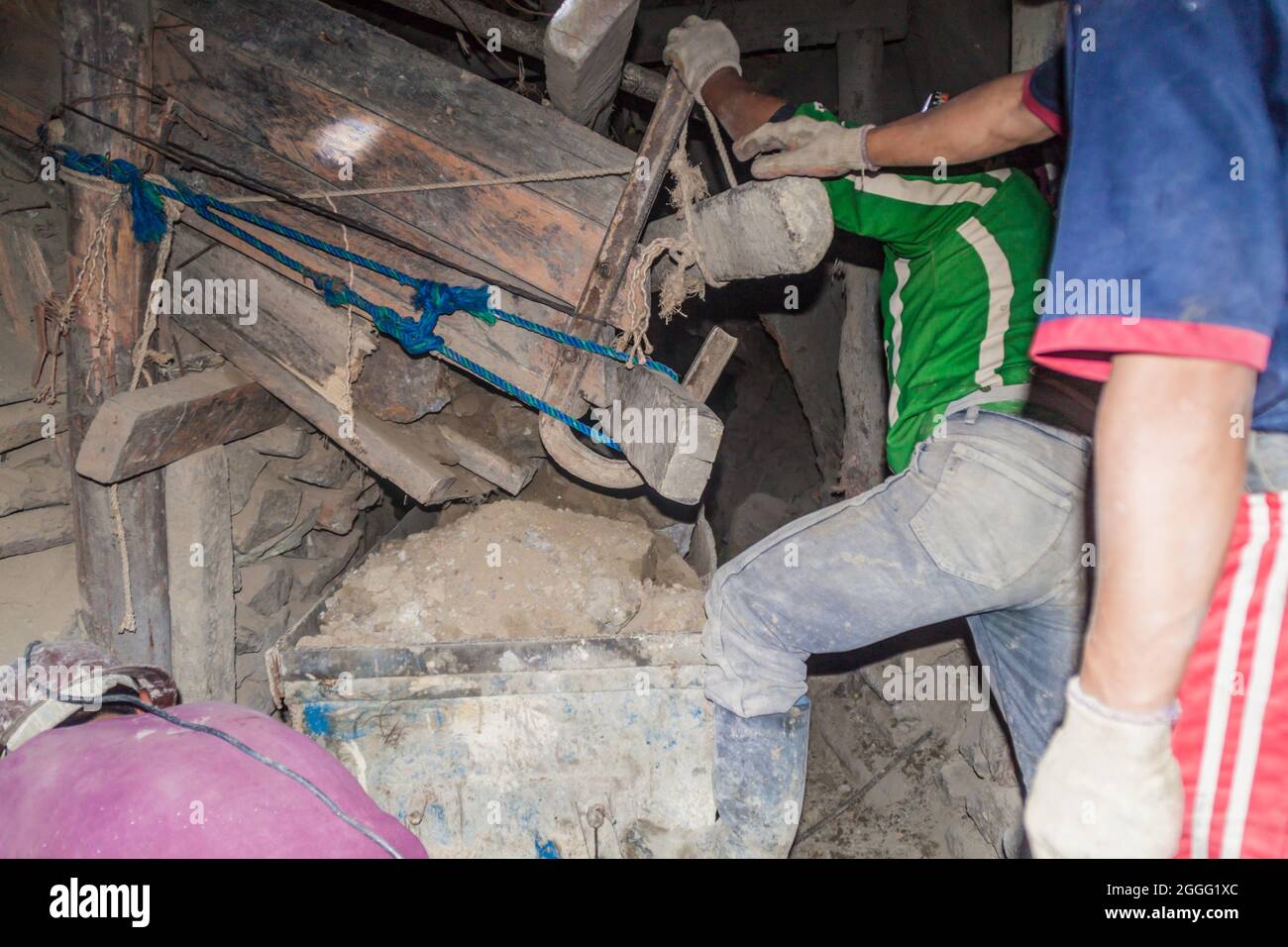 POTOSI, BOLIVIA - APRIL 20, 2015: Bolivian miners work inside Cerro ...
