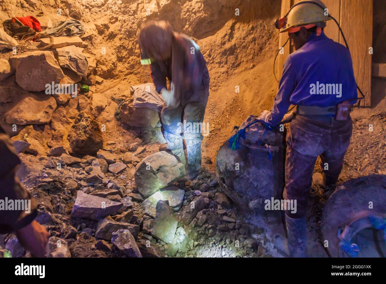 POTOSI, BOLIVIA - APRIL 20, 2015: Bolivian miners work inside Cerro ...