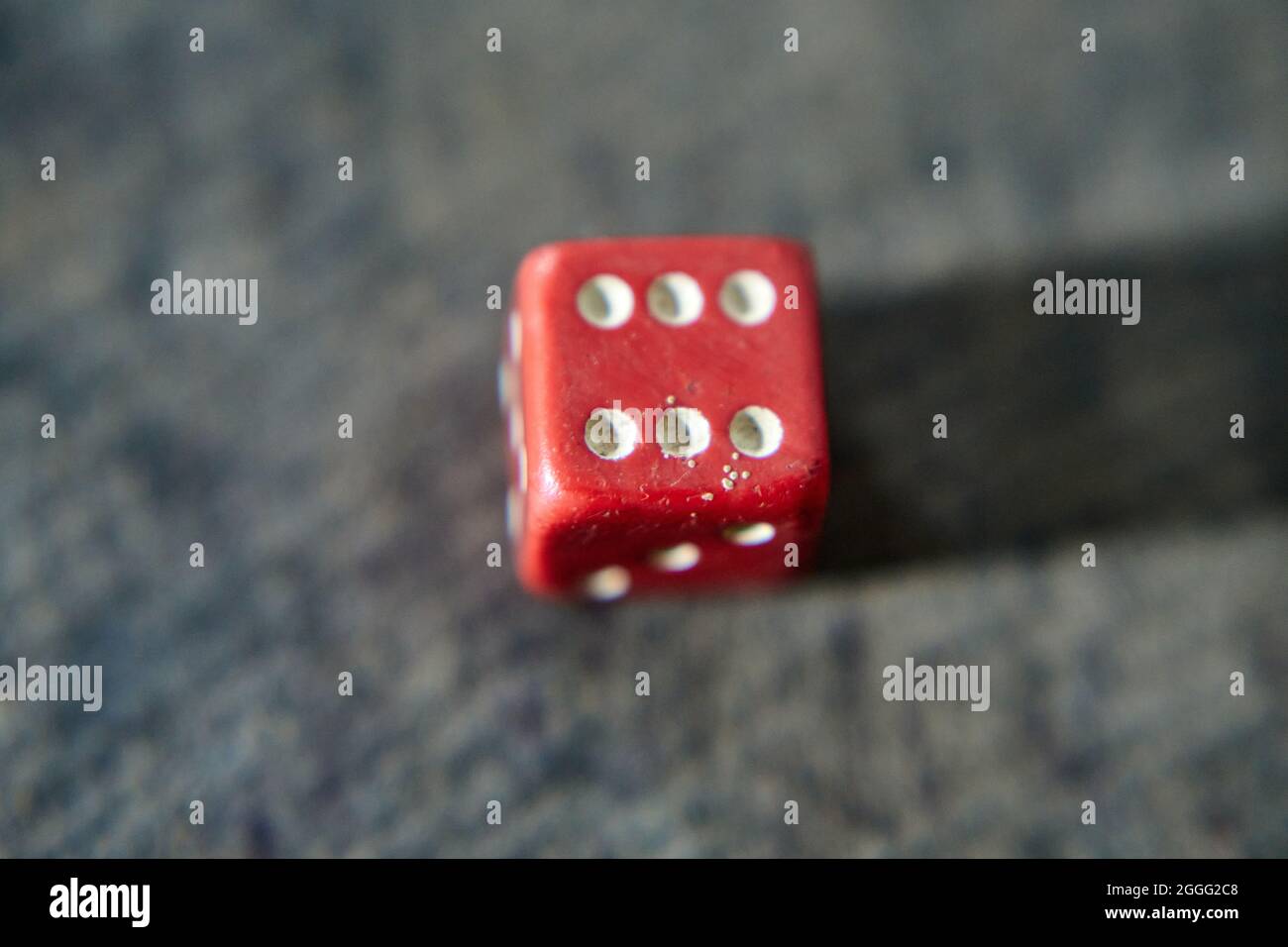 Red die isolated with six at top and blurred background grey ...
