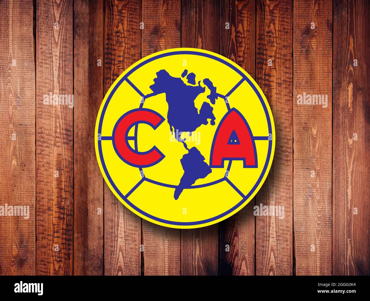 Coat of arms of FC America from Mexico City, Mexico, wooden background ...
