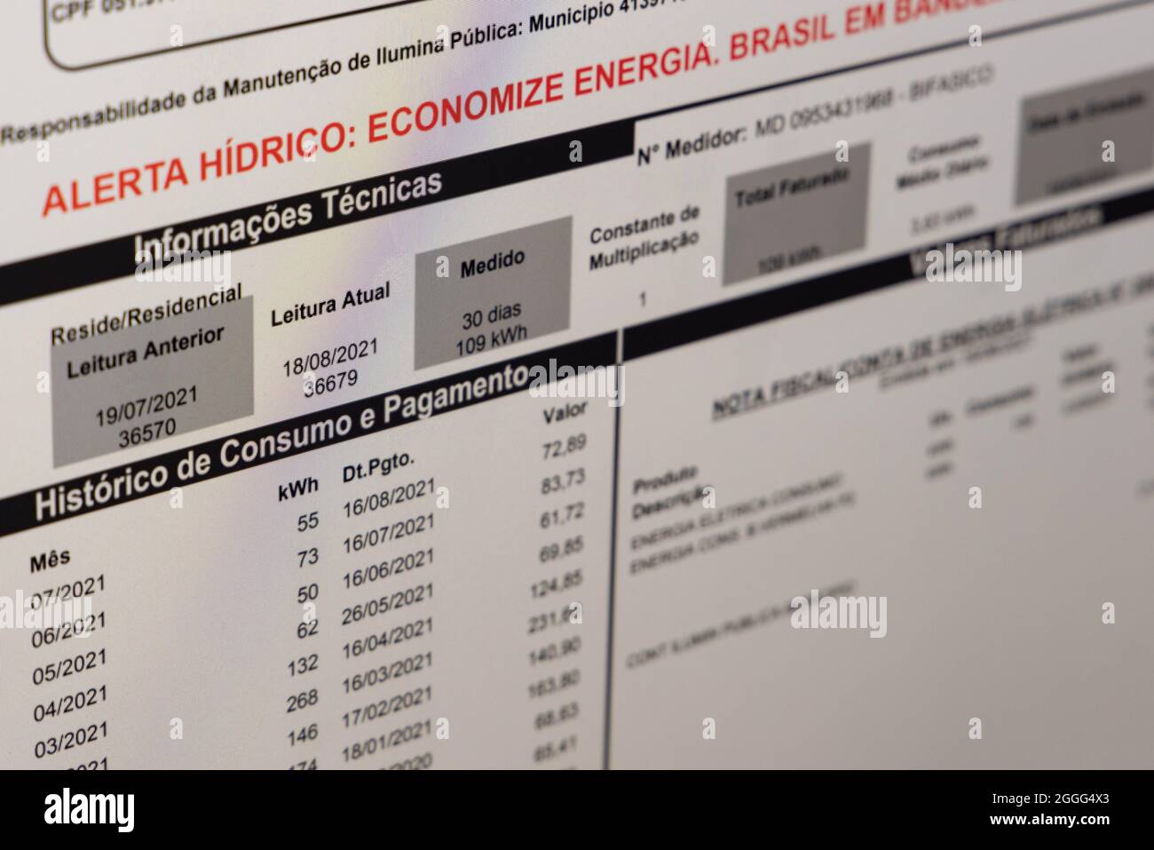 Curitiba, Brazil. 31st Aug, 2021. Copel electricity bill with details ...