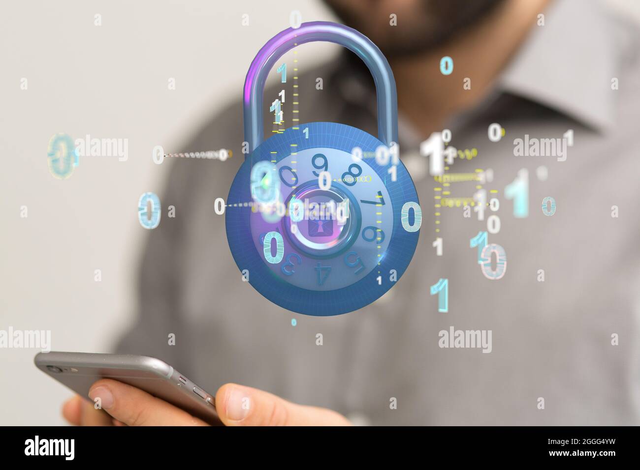 Person presenting the virtual projection of cybersecurity and ...