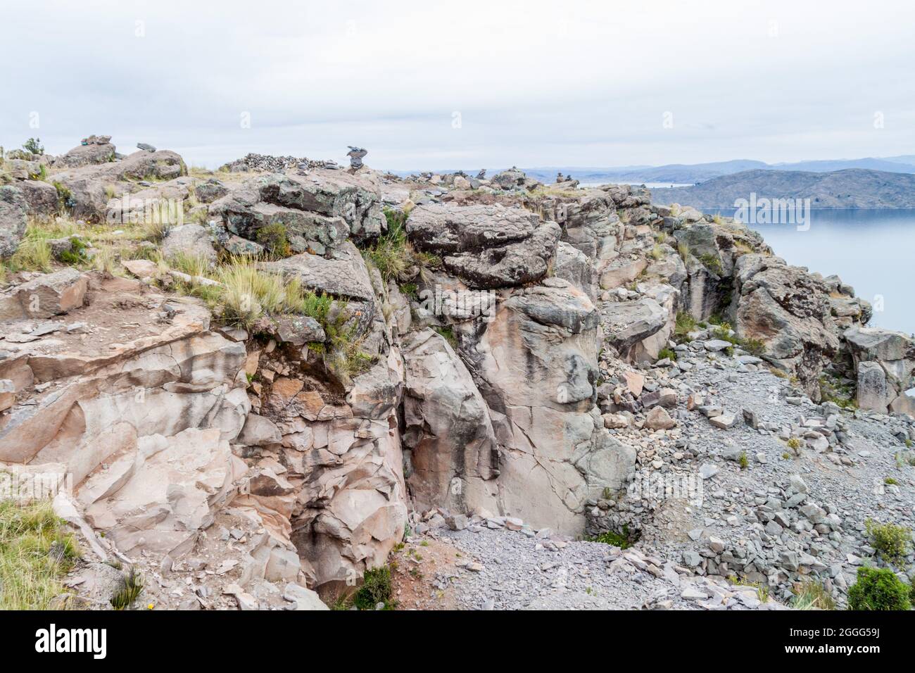 Rocks on Pachatata hill on Amantani island in Titicaca lake, Peru Stock ...