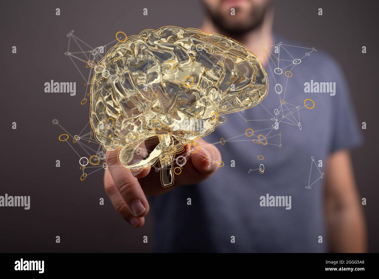 Person presenting the virtual projection of the human brain Stock Photo ...