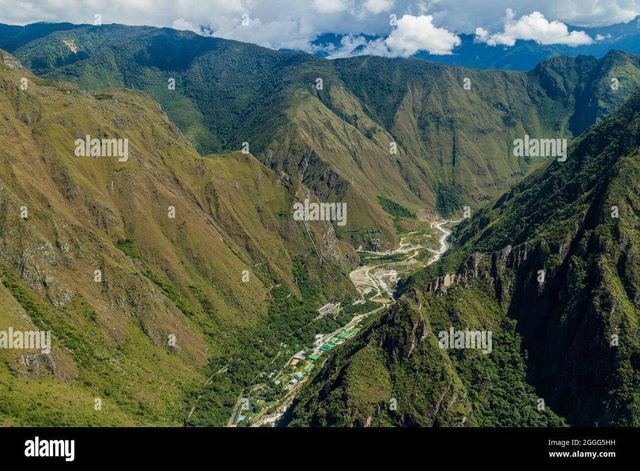 Aerial view of Urubamba valley (with hydroelectric station) from Machu ...