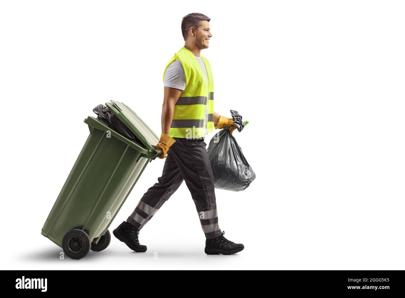 Bin man walking and pulling a green bin and carrying a plastic bag ...