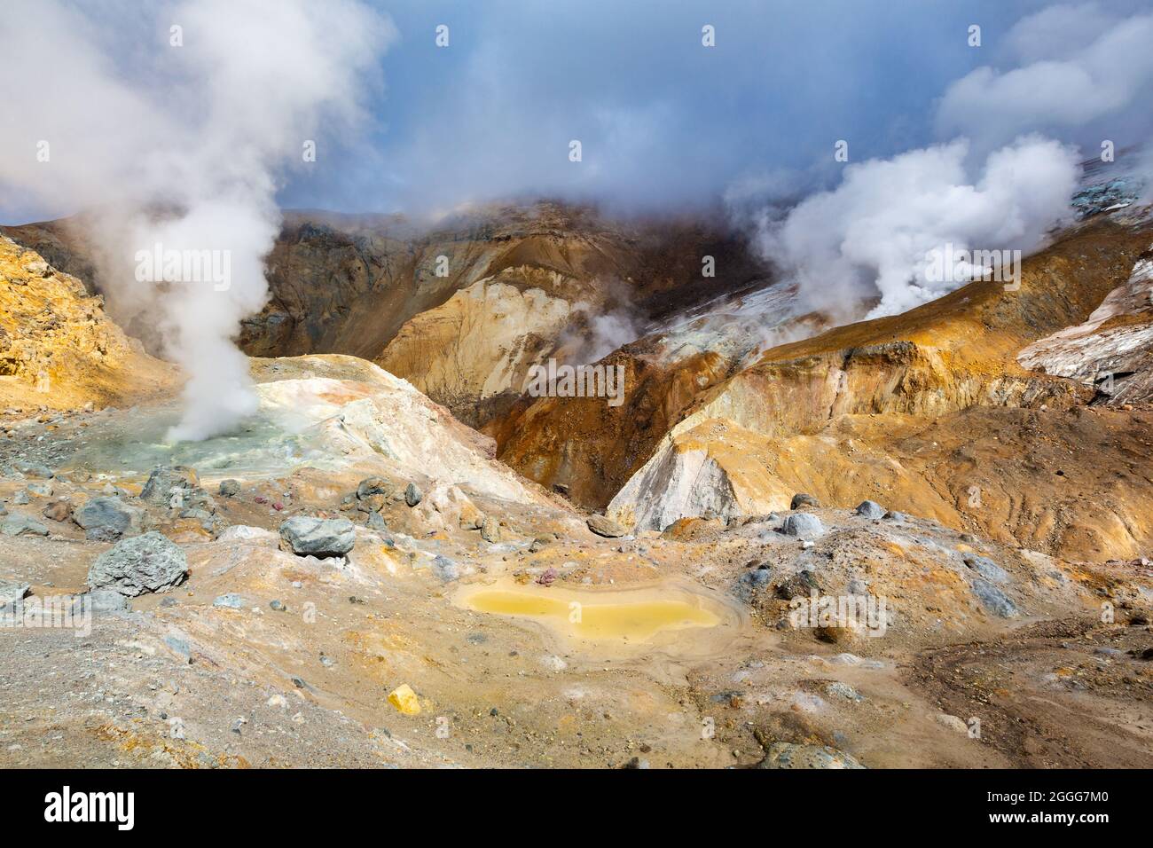 Beautiful volcanic landscape, crater of active volcano: hot spring ...