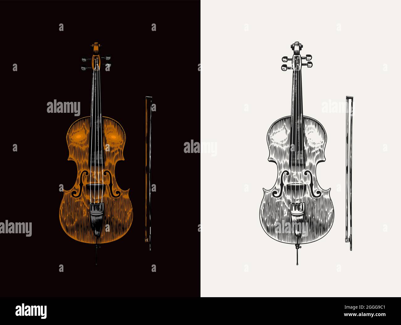 Jazz cello and bow in monochrome engraved vintage style. Hand drawn ...