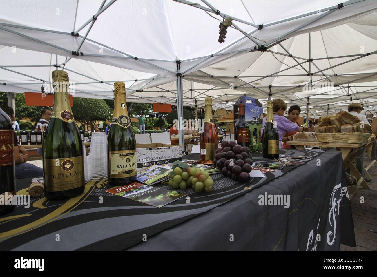 QUERETARO, MEXICO - Aug 08, 2021: A stand of local wine and cheese ...