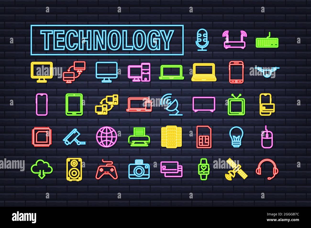 Technology neon icon on dark background. Information technology ...