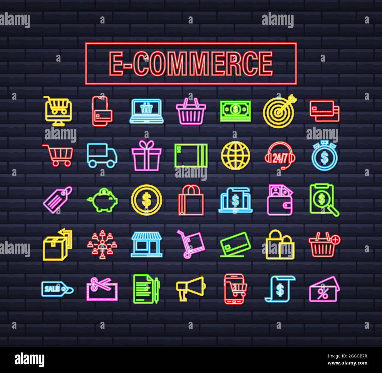 Shopping set neon icon for web design. E commerce. Discount coupon ...