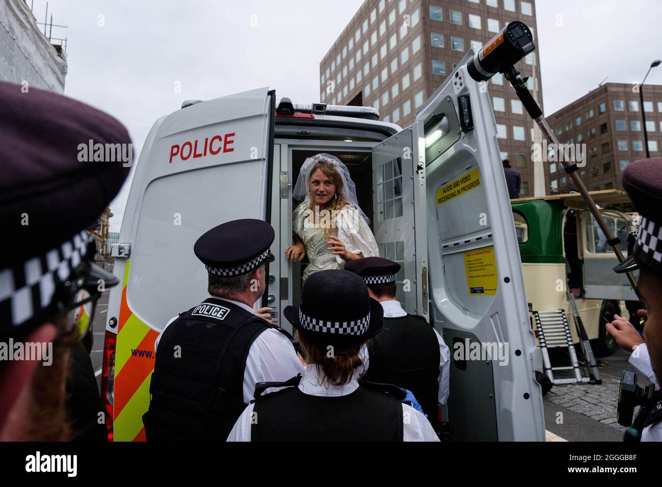 London, UK. 31st August 2021. Bride getting arrested. Extinction ...