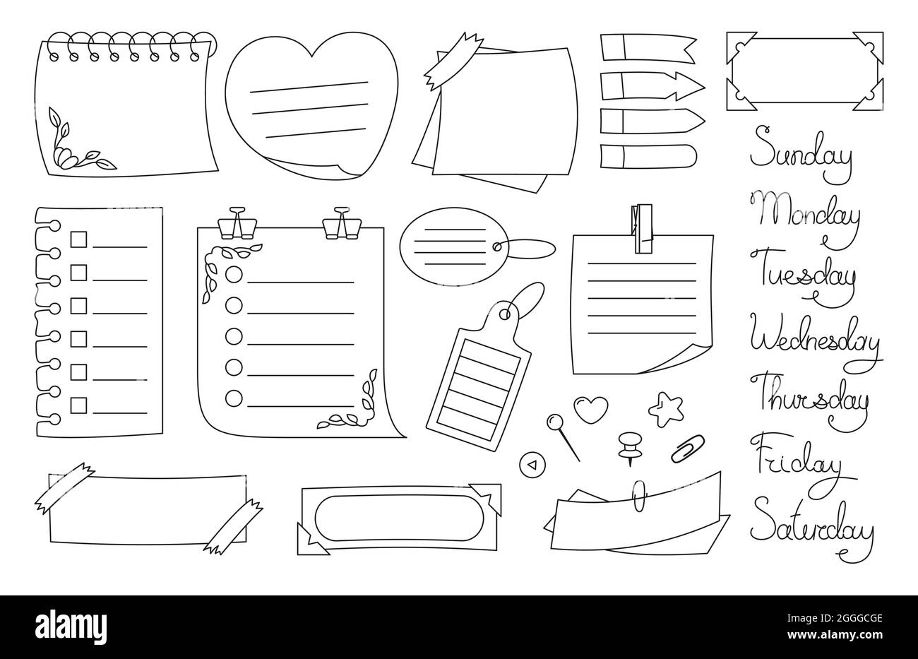 Notebook paper sticky note black line set. Blank sticker with elements ...