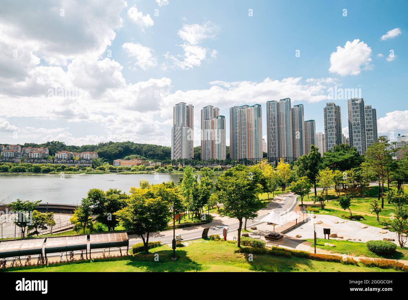 View of modern buildings and Gwanggyo Lake Park in Suwon, Korea Stock ...