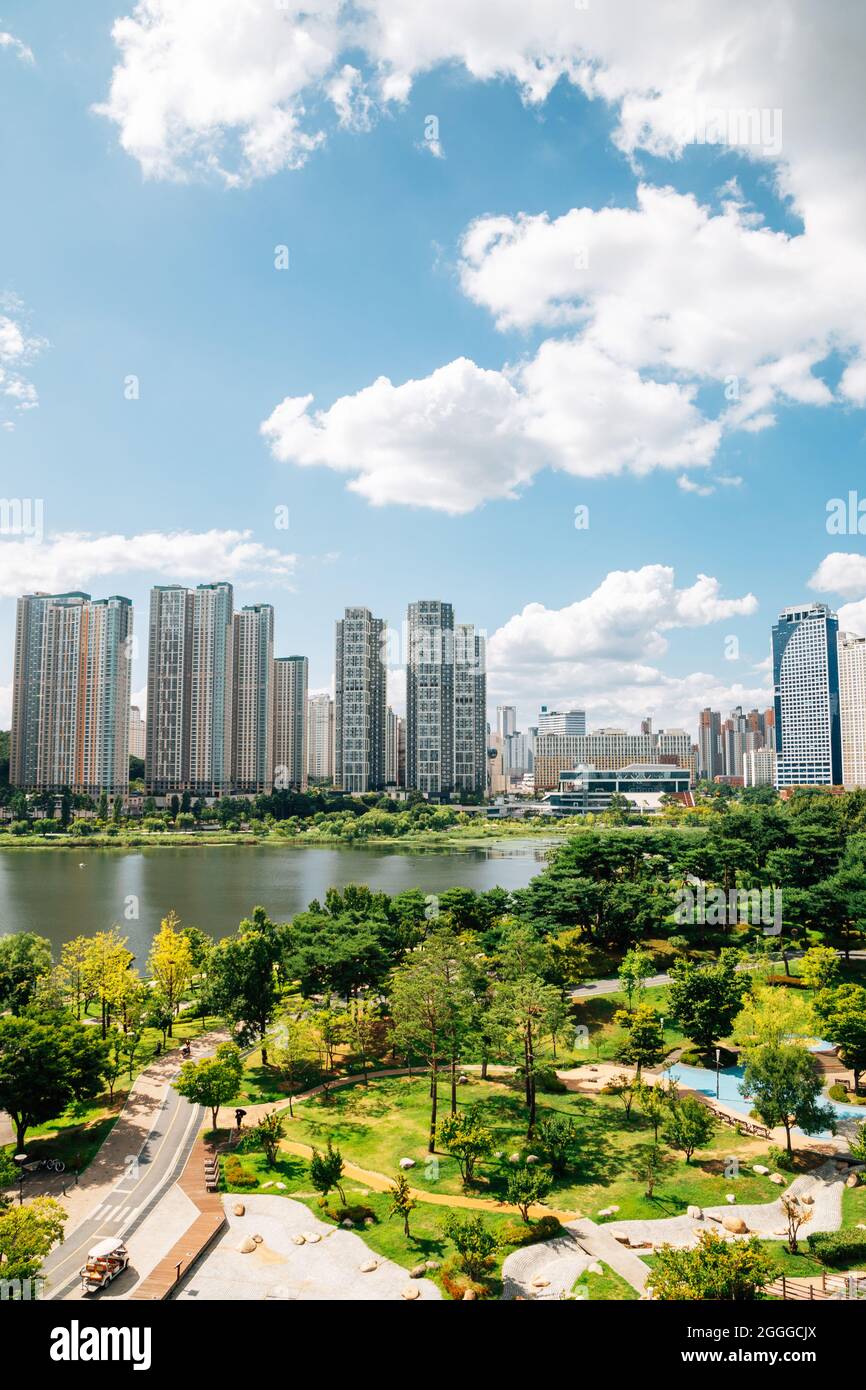 View of modern buildings and Gwanggyo Lake Park in Suwon, Korea Stock ...