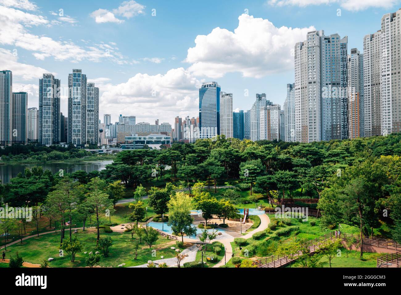 View of modern buildings and Gwanggyo Lake Park in Suwon, Korea Stock ...