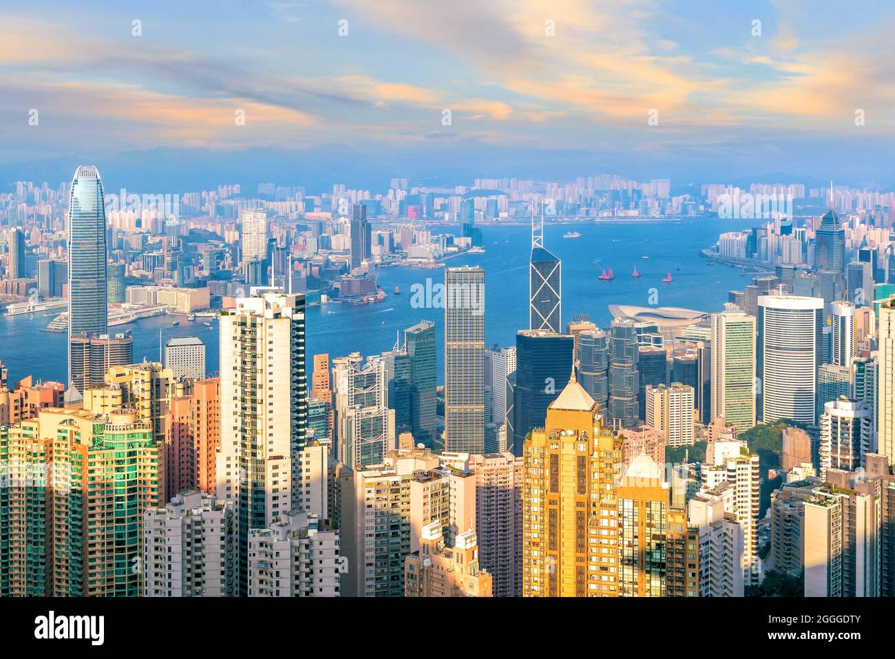 Hong Kong city skyline with Victoria Harbor view from top view Stock ...