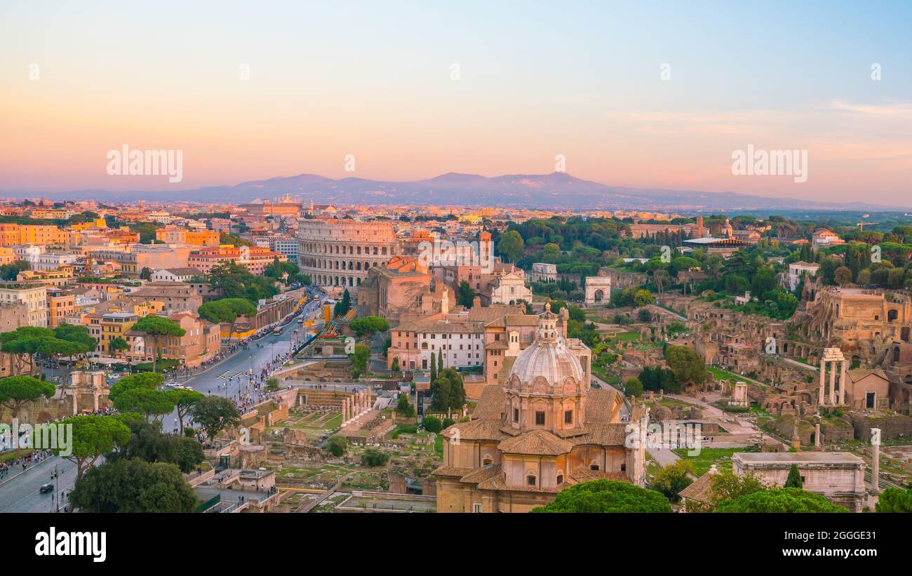 Top view of Rome city skyline with Colosseum and Roman Forum in Italy ...