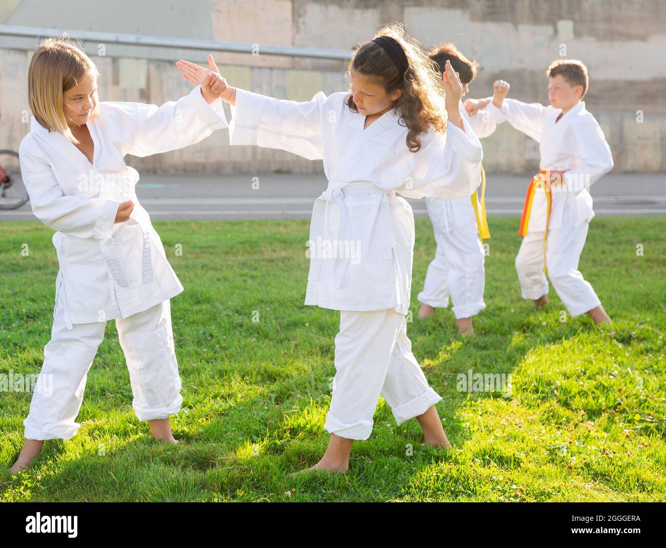 Preteen children practicing in pairs martial arts movements on green ...