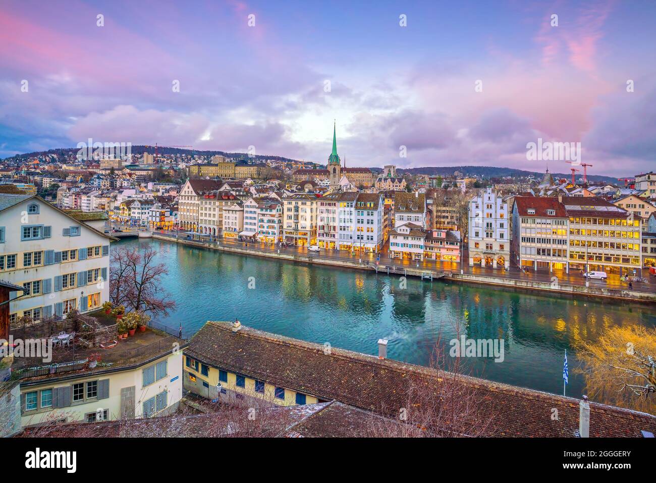 Cityscape of downtown Zurich in Switzerland during dramatic sunset ...