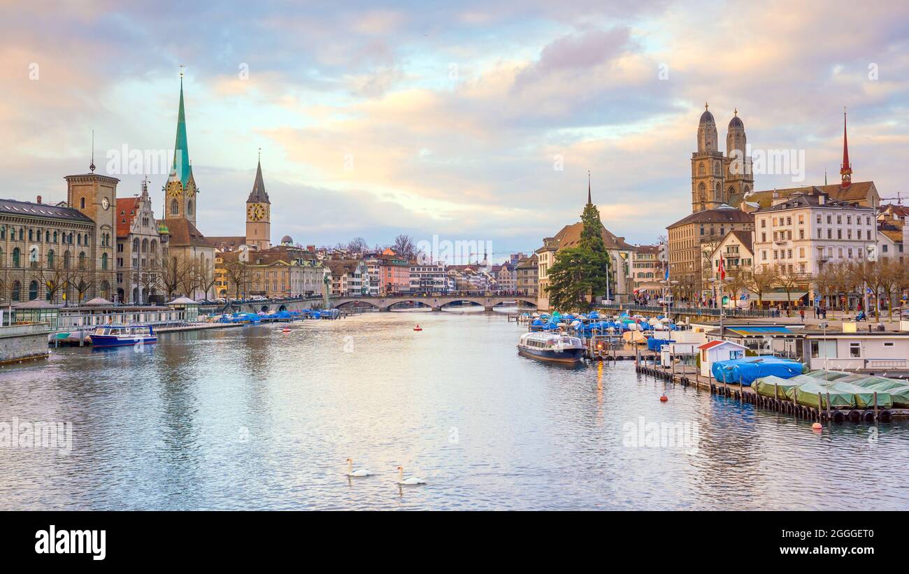 Cityscape of downtown Zurich in Switzerland during dramatic sunset ...