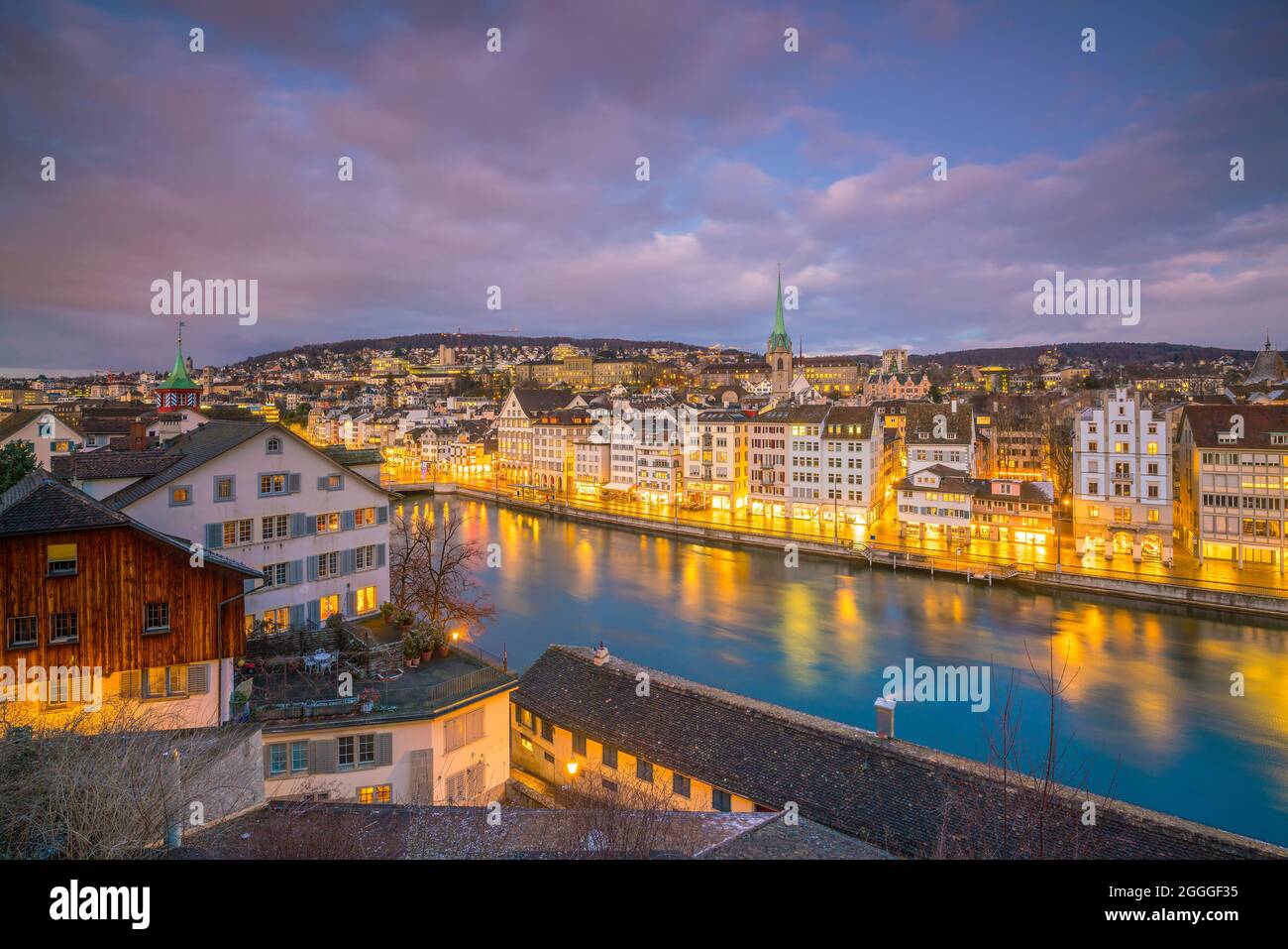 Cityscape of downtown Zurich in Switzerland during dramatic sunset ...