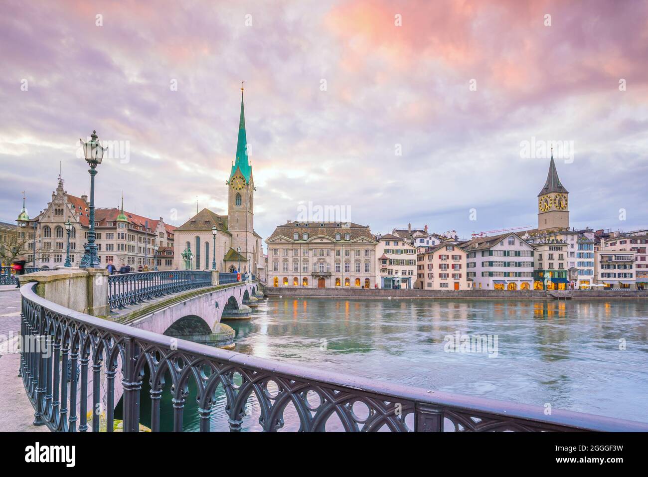 Cityscape of downtown Zurich in Switzerland during dramatic sunset ...