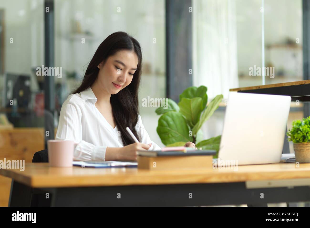 Pleased and Happy businesswoman working in office workplace, attractive ...
