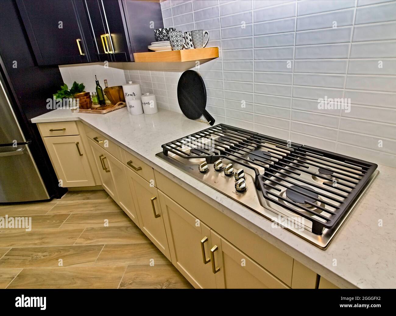 Gas Burner Cook Top On Kitchen Counter With Decorative Items Stock ...