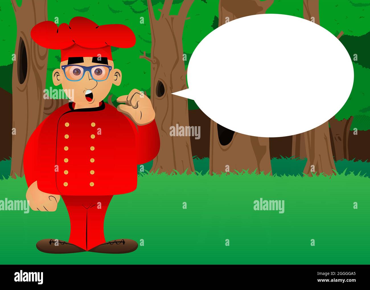 Fat male cartoon chef in uniform gesturing a small amount with hand ...