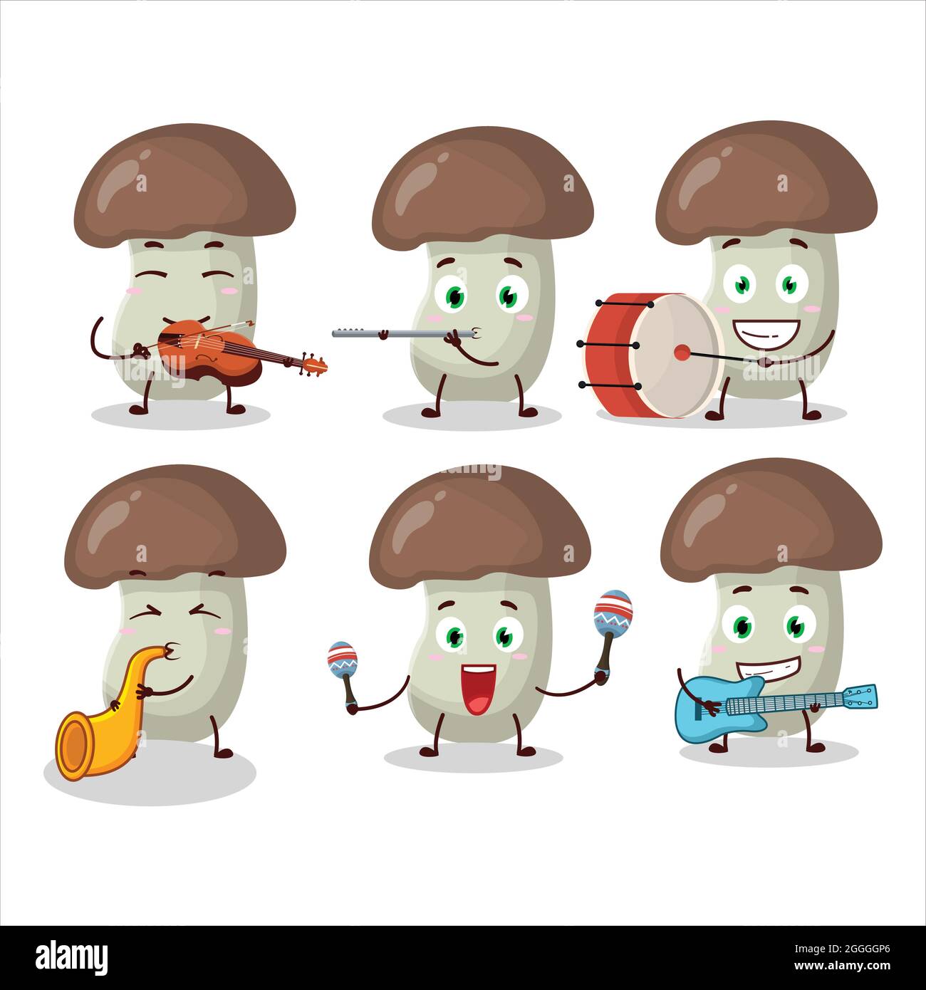 Cartoon character of cep mushroom playing some musical instruments ...