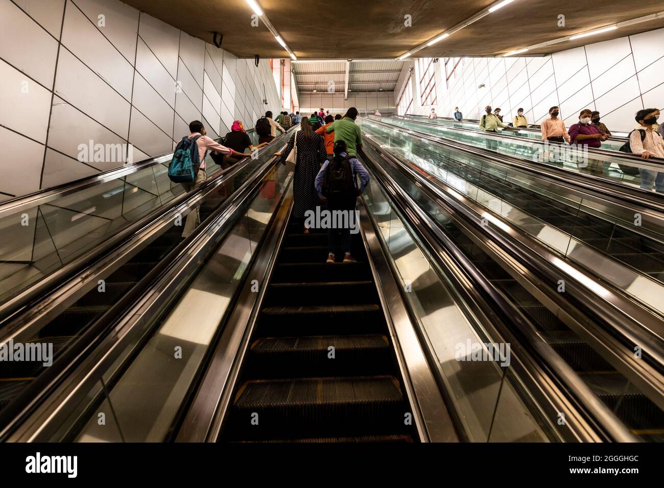 View of a bank of escalators inside the Kashmere Gate metro station in ...