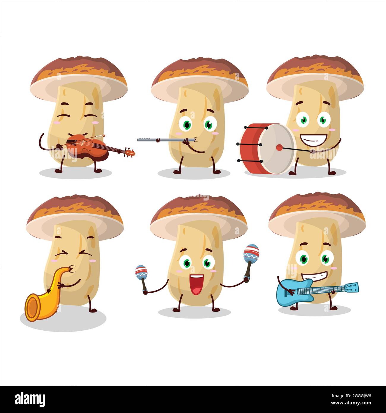 Cartoon character of new cep mushroom playing some musical instruments ...
