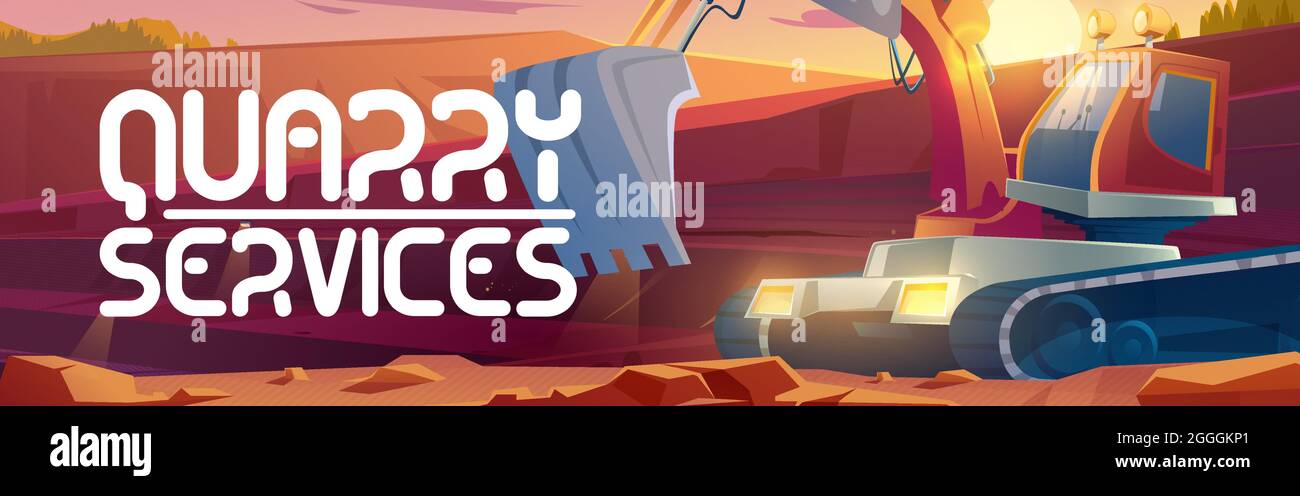Quarry services cartoon banner, excavator mining on career, heavy ...