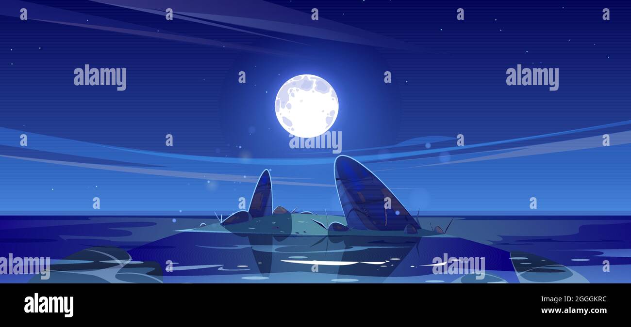 Night seascape view, ocean or sea nature landscape with shallow or land ...