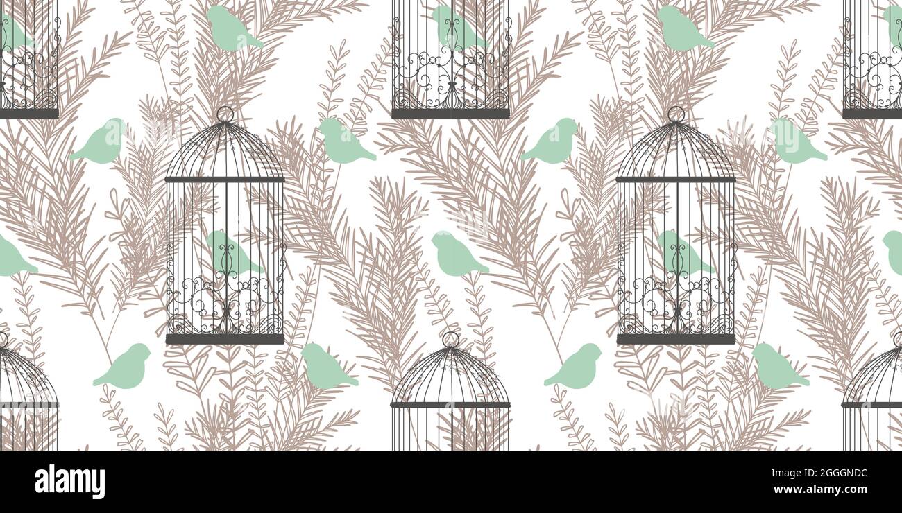 Stylish pattern with birds and cages in Victorian style. Birds of ...