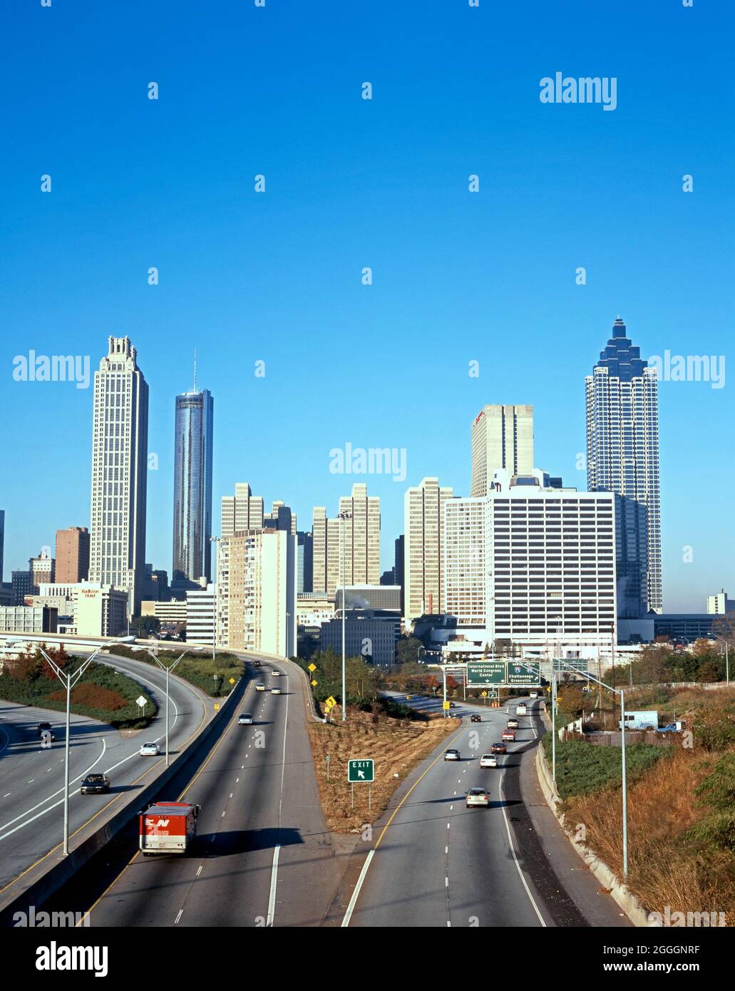 Elevated view of the city skyscrapers and highway, Atlanta, Georgia ...