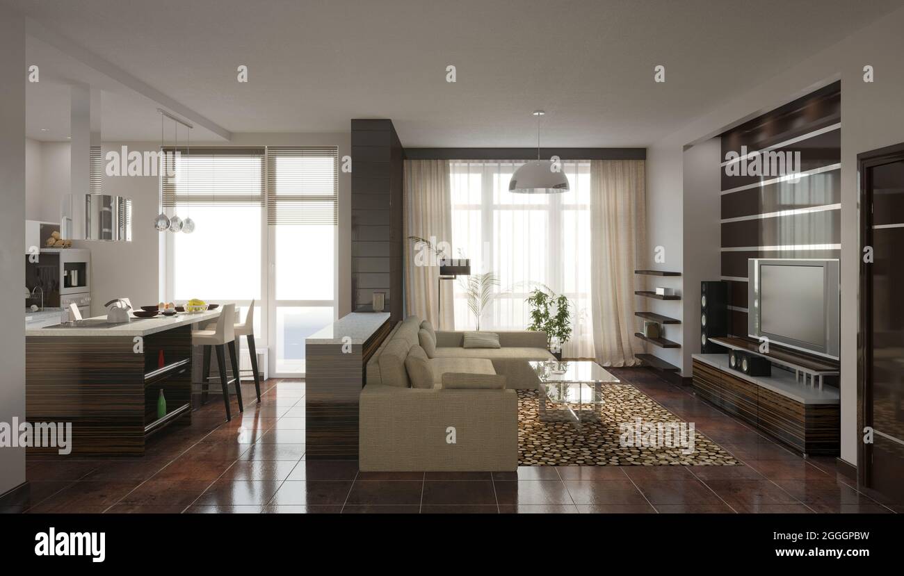 visualization of modern residential interior design, 3D illustration ...