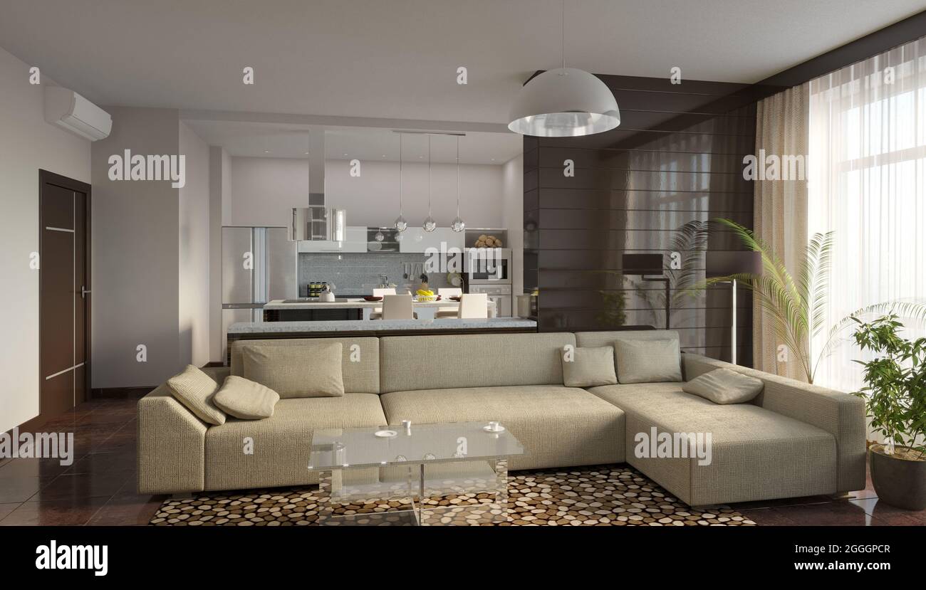 visualization of modern residential interior design, 3D illustration ...