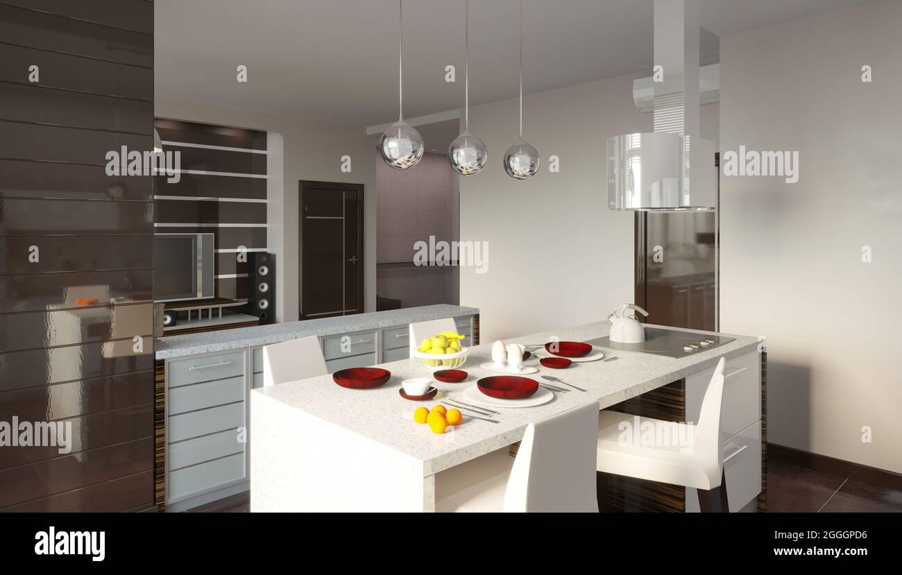 visualization of modern residential interior design, 3D illustration ...