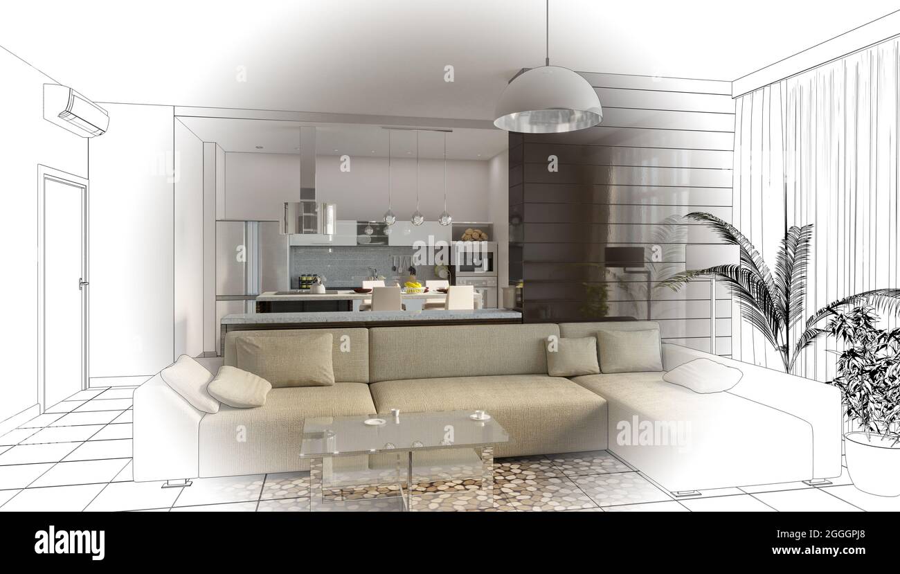 visualization of modern residential interior design, 3D illustration ...