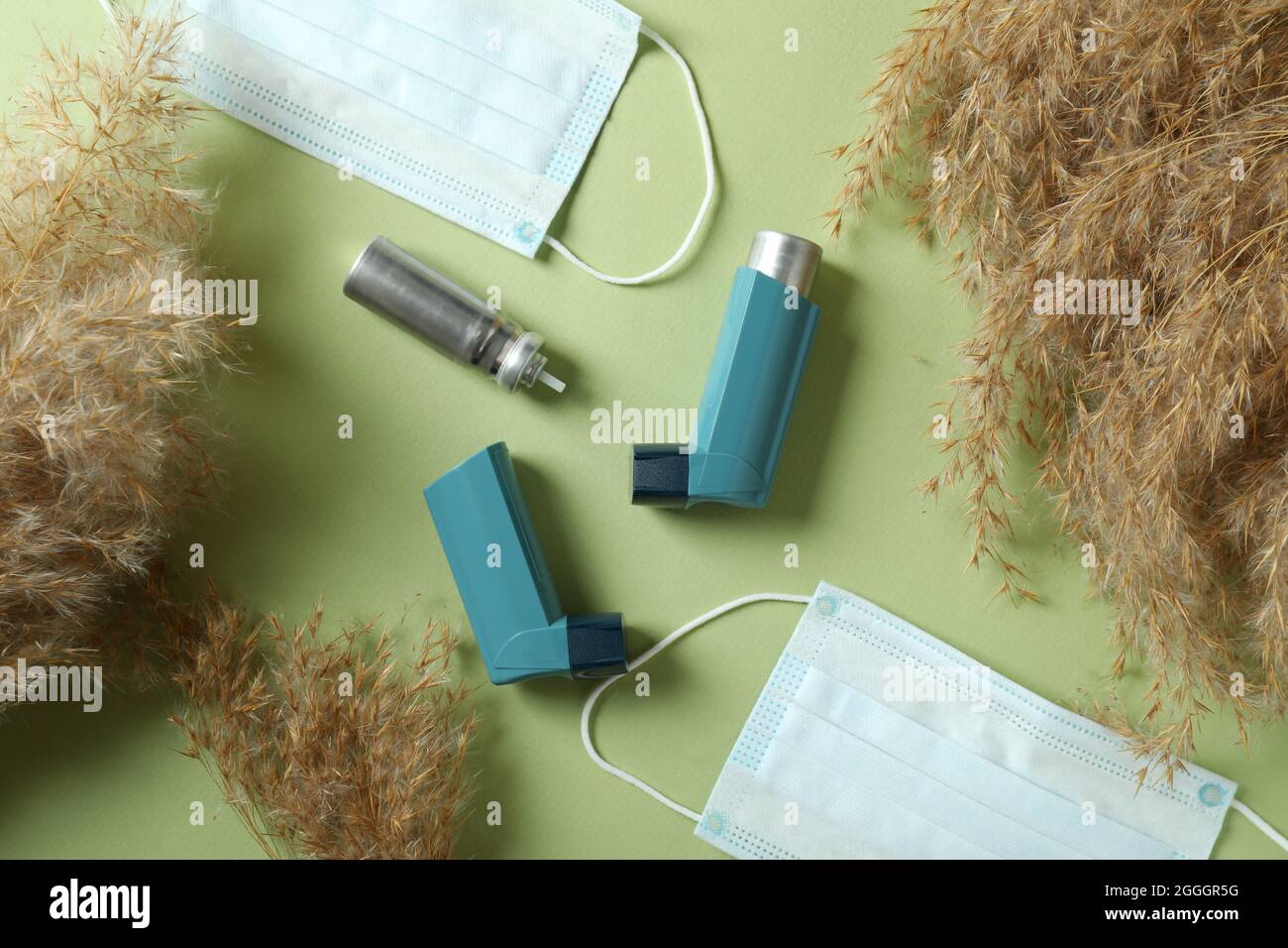 Inhalers, medical masks and reeds on green background Stock Photo - Alamy